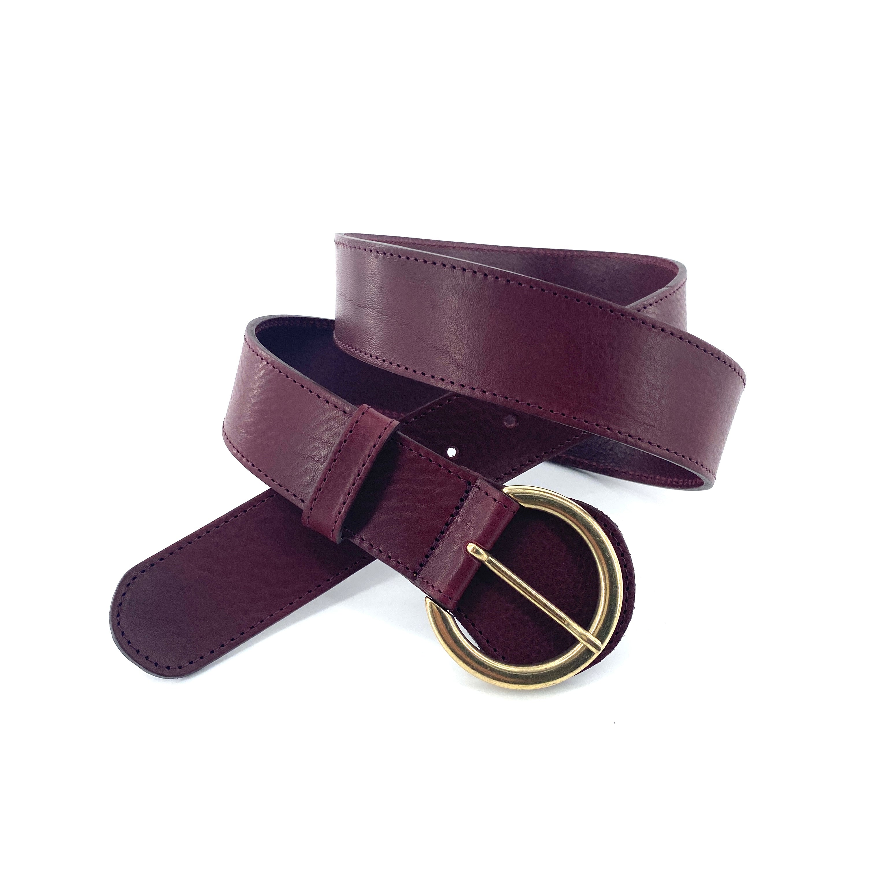 Ceinture en Cuir Bordeaux Boucle Ronde Dorée – IDK-Lé